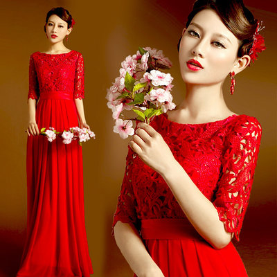 China Red Lace Half Sleeveless Floor Length Bridal Dress Gorgeous Evening Dress TSJY145 supplier