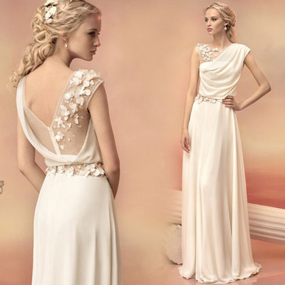 China Beige Chiffon Flower Back Decoration Floor Length Flower Evening Dress TSJY137 supplier