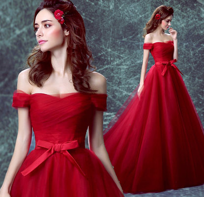 China Off The Shoulder Red Crepe Boat Neck Gorgeous Small Train Evening Dress TSJY132 supplier