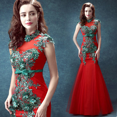 China Red Crepe And Green Beading Traditional Gorgeous Evening Dress TSJY129 supplier