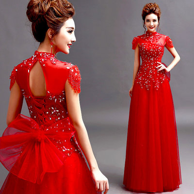 China Red Cap Sleeves Beading High Neck Gorgeous Evening Dress TSJY124 supplier