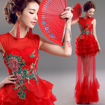 China Chinese Style Improved Red Crepe Peony Embroidery Gorgeous Evening Dress TSJY116 supplier