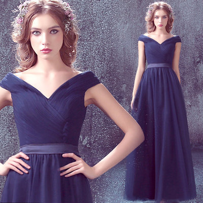China Sexy Deep V Neck Royal Blue Crepe Drape Straight Plain Evening Dress TSJY110 supplier