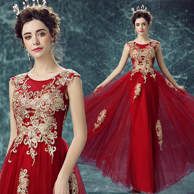 China Wine Red Lace Up Gold Appliques Slim Chiffon Gorgeous Evening Dress TSJY100 supplier