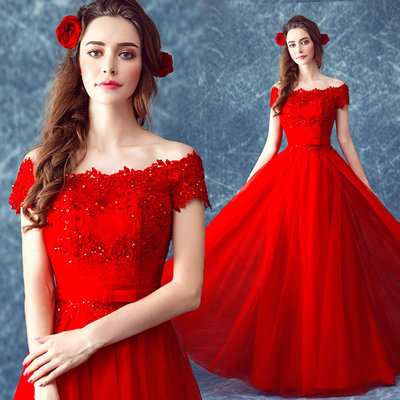 China Red Flower And Lace Off The Shoulder Gorgeous Evening Dress TSJY090 supplier