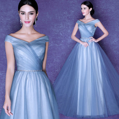 China Ice Blue Drape Floor Length Lace Up Elegant Evening Dresses TSJY065 supplier