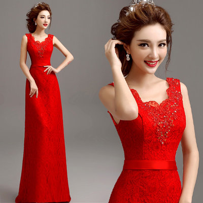 China Red Slim Wasit Tank V Neck Beading Elegant Evening Dresses TSJY063 supplier
