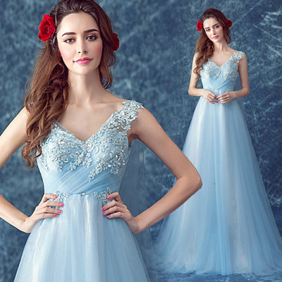China Light Blue Appliques And Beaded Elegant Evening Dresses TSJY046 supplier