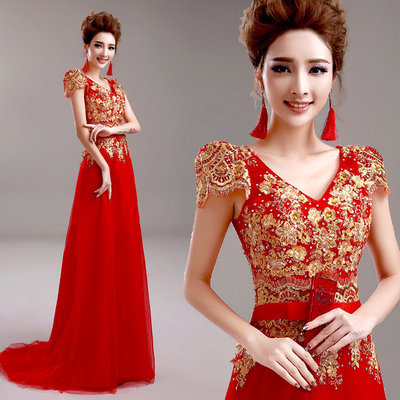 China Red Deep V Neck Embroidery Cap Sleeves Elegant Evening Dresses TSJY040 supplier