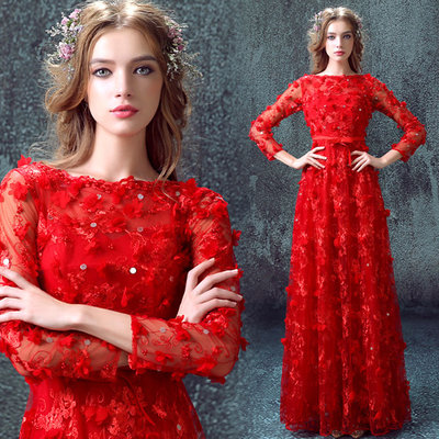 China Red Long Sleeves A Line Elegant Evening Dresses TSJY036 supplier