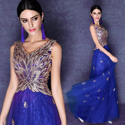China Deep V Neck Royal Blue Gold Embroidery Evening Dresses Annual Meeting Host Dress TSJY033 supplier