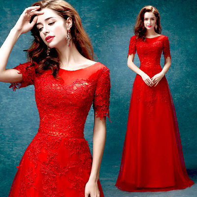 China Red Elegant Evening Dresses O Neck Short Sleeves Host Dress TSJY031 supplier