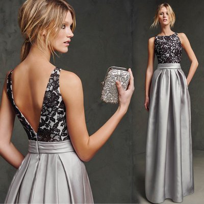 China Uper Black Lace Under Gray Satin Sleeveless O Neck Gorgeous Evening Dress TSJY097 supplier