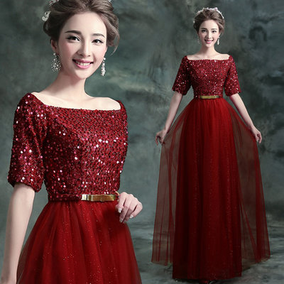 China Wine Red Half Sleeves Sequined Decoration Bow Sashes Gorgeous Evening Dress TSJY096 supplier