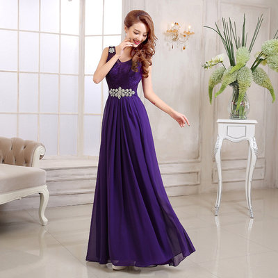 China Chiffon Long Section Bridesmaid Dress Double Shoulder Straps Beading Sash Toast Dress supplier