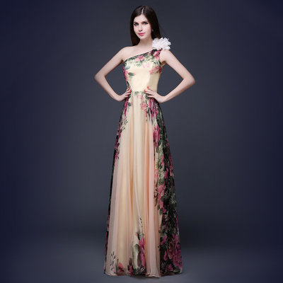 China Chiffon Long Section Bridesmaid Dress One Shoulder Rose Print Flower Bridesmaid Dress supplier