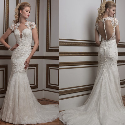 China New Arrival Romantic White Perspective Lace Slim Waist Deep V Mermaid Wedding Dresses supplier