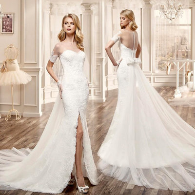 China New Arrival Romantic White Mermaid Wedding Dresses Perspective Lace Slim Waist Dress supplier