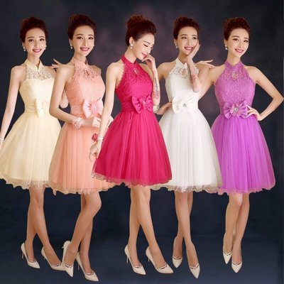 China New Short Halter Champagne Purple Bridesmaid Dress Bride Strapless Lace Rose Dress supplier