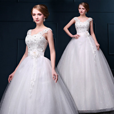 China Hot Sale Princess Waist Beading Bra Straps Lace Flower Double Shoulder Wedding Dress supplier