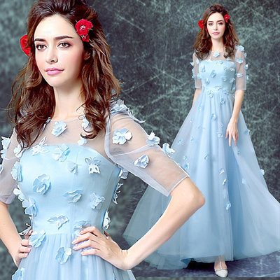 China Gorgeous Light Blue Short Sleeves Appliques Chiffon Evening Dress TSJY087 supplier