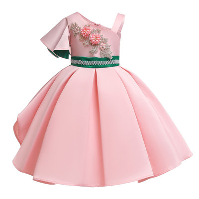 China Fashion Single Sleeve Flower Girl Dress Single Shoulder Green Pearl Belt Dress Christmas Vestido Kids Dresses For Girl supplier