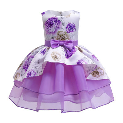 Hot Sale Toon Purple Girl Dress Bow Belt Printed Mesh Gown Princess Dress Tutu Dresses Invisible Zipper Disfraces Vestid supplier