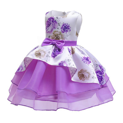 Hot Sale Toon Purple Girl Dress Bow Belt Printed Mesh Gown Princess Dress Tutu Dresses Invisible Zipper Disfraces Vestid supplier