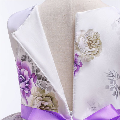 Hot Sale Toon Purple Girl Dress Bow Belt Printed Mesh Gown Princess Dress Tutu Dresses Invisible Zipper Disfraces Vestid supplier