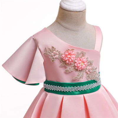 Fashion Single Sleeve Flower Girl Dress Single Shoulder Green Pearl Belt Dress Christmas Vestido Kids Dresses For Girl supplier