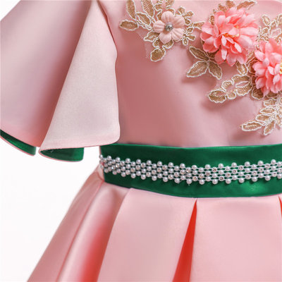 Fashion Single Sleeve Flower Girl Dress Single Shoulder Green Pearl Belt Dress Christmas Vestido Kids Dresses For Girl supplier