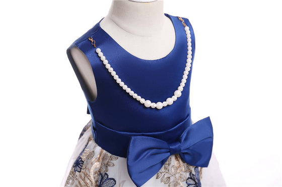 O-Neck Satin Girl Dress Embroidered Mesh Dress Dark Blue Pearl Necklace Dresses Disfraz Rapunzel Niña Enfant Girls Winte supplier