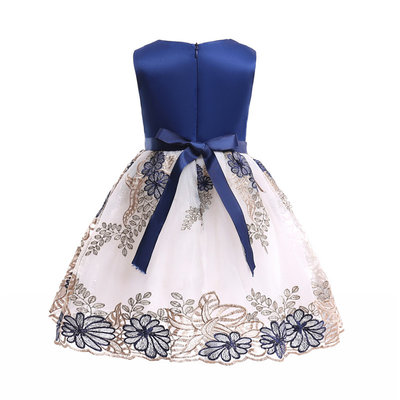 O-Neck Satin Girl Dress Embroidered Mesh Dress Dark Blue Pearl Necklace Dresses Disfraz Rapunzel Niña Enfant Girls Winte supplier