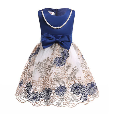 O-Neck Satin Girl Dress Embroidered Mesh Dress Dark Blue Pearl Necklace Dresses Disfraz Rapunzel Niña Enfant Girls Winte supplier