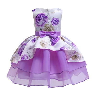 Hot Sale Toon Purple Girl Dress Bow Belt Printed Mesh Gown Princess Dress Tutu Dresses Invisible Zipper Disfraces Vestid supplier