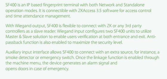 ZKTECO Fingerprint door access control SF400 STOCK Biometric time clock fingerprint scanner