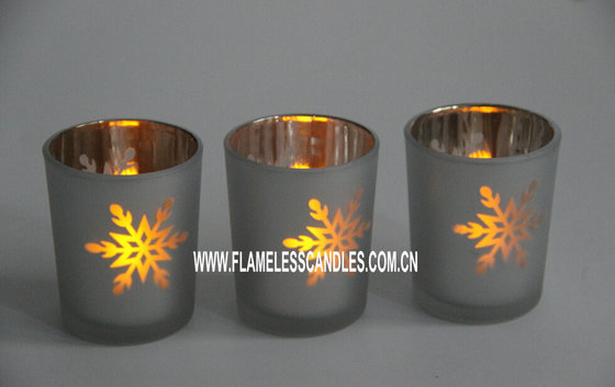 China Silver Snowflake Glass Flameless LED Votive Candles With Flickering LED Tealight distributor
