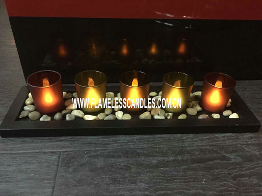China Decorative Glass Votive LED Candles with Wooden Tray and Rock For Holiday Use distributor