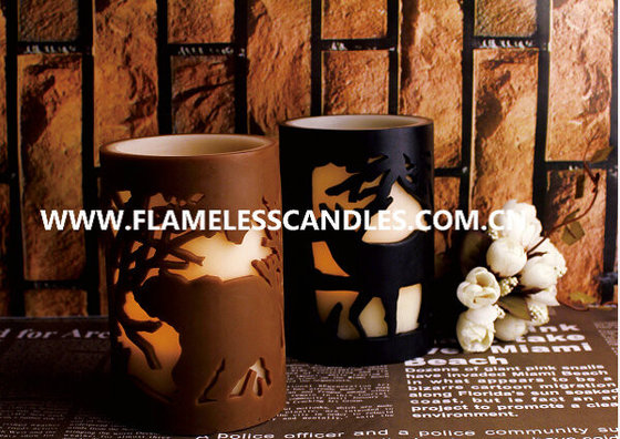 China Flameless 2 Layer Carved LED Decorative Pillar Candles With Chrismas Pattern distributor