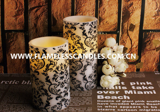 Home Decoration Flameless LED Pillar Candles With White Floral Pattern 7.5 x 15cm for sale