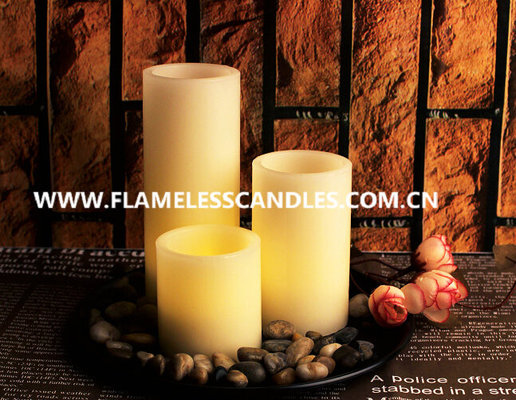 China Ivory Wax Straight Edge Flameless LED Candles With Rock and Round Plastic Tray distributor