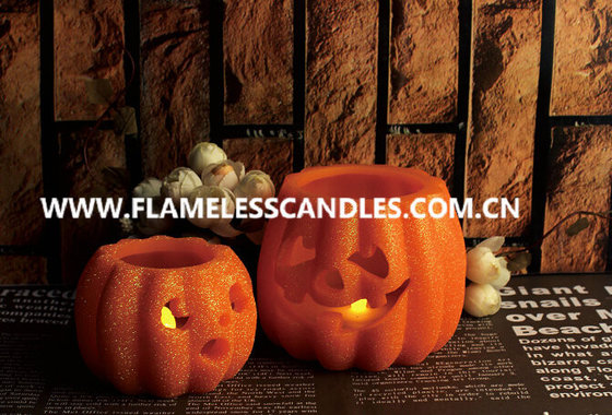 Battery Operated Halloween LED Candles , Wax Carved Pumpkin Flameless Candles with Glitter for sale