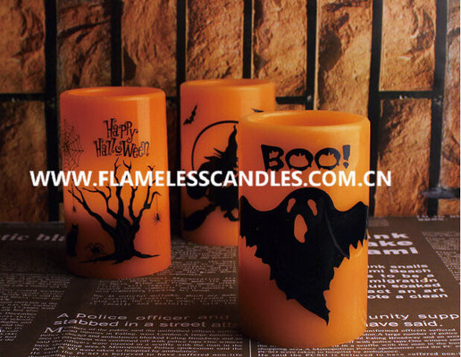 Flameless LED Candles With Black Halloween Printing , Orange Wax Electronic Candle for sale