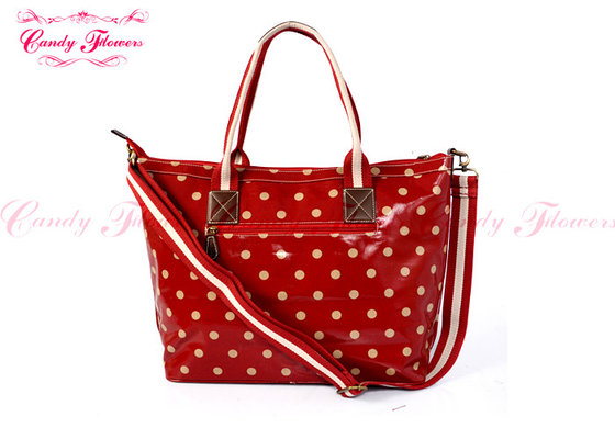 Eco Friendly Winter PVC Red Womens Tote Bags with Yellow polka dot