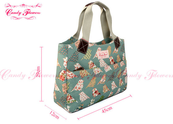 Eco Friendly Green Birds Flower Print Handbags With 1 Zip Pocket