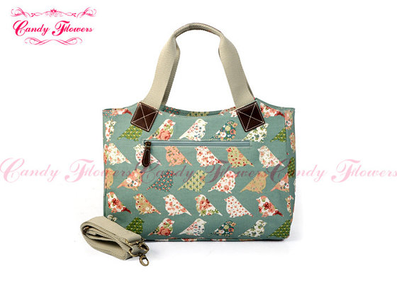 Eco Friendly Green Birds Flower Print Handbags With 1 Zip Pocket