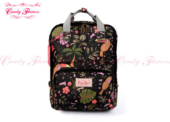 Large Black Birds Flower Print Backpack , Waterproof Vintage Floral Bookbags