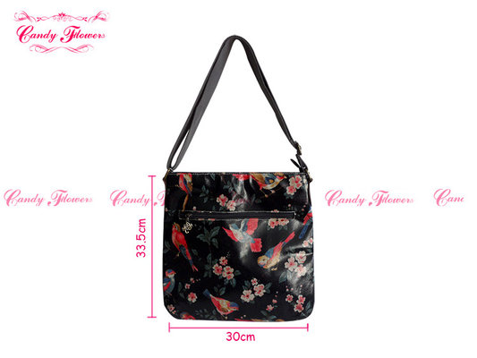 Black Waterproof Big Capability Cross Body Bag Vintage Colorful Birds Flowers with Zipper