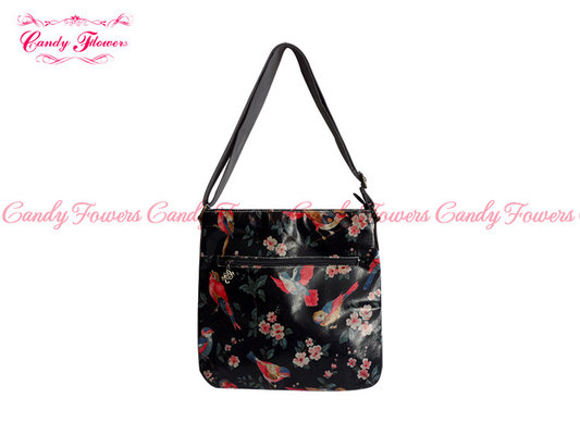 Black Waterproof Big Capability Cross Body Bag Vintage Colorful Birds Flowers with Zipper