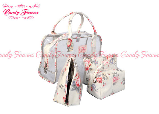 Transparent Small Pockets Bag Canvas Handbag Four Piece Elegant Flowers Pattern